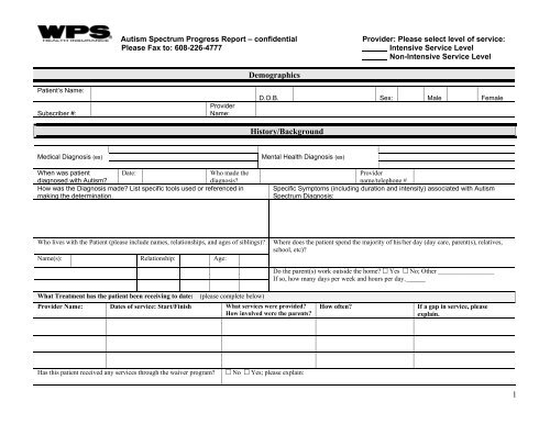 Autism Spectrum Progress Report form. - WPS