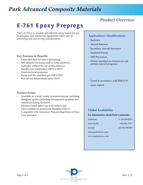 Park Advanced Composite Materials E-761 Epoxy Prepregs