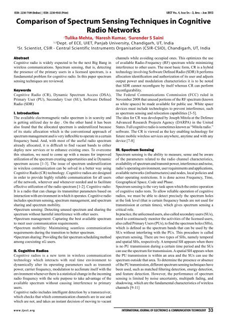Comparison of Spectrum Sensing Techniques in Cognitive ... - iject