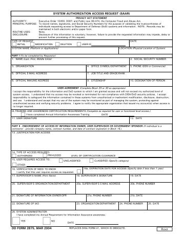 DD Form 2875, System Authorization Access Request (SAAR), May ...
