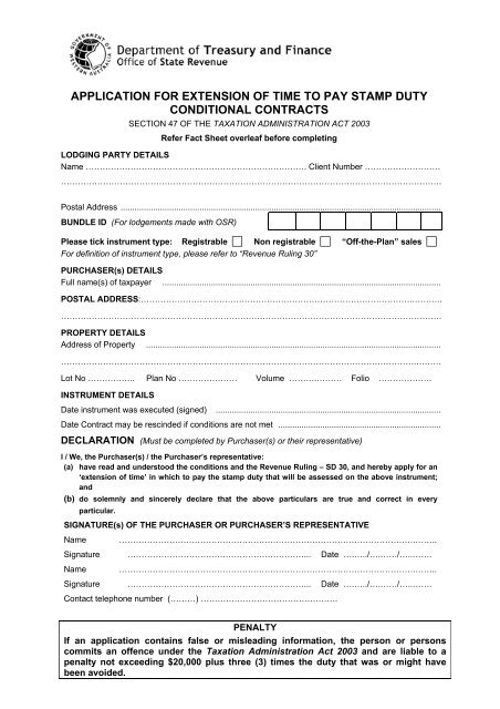 APPLICATION FOR EXTENSION OF TIME TO PAY STAMP DUTY