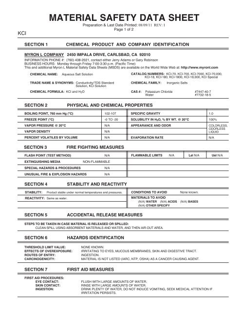 KCl msds - Myron L Company