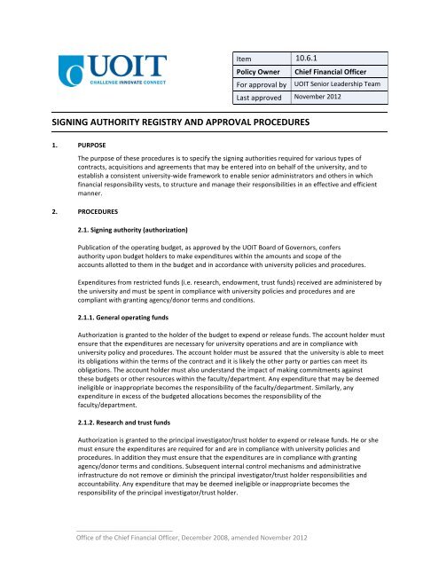 Signing Authority Registry and Approval Procedures - University of ...