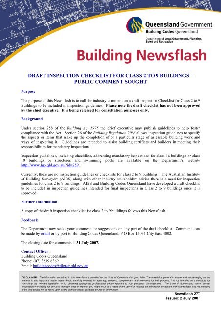 draft inspection checklist for class 2 to 9 buildings - Department of ...