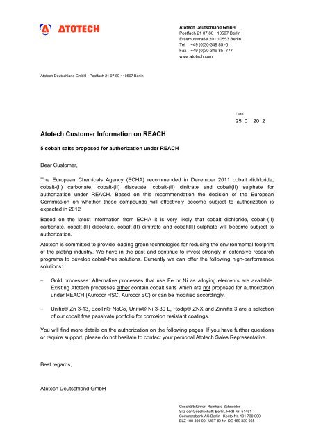 Atotech Deutschland GmbH â ¢ Postfach 21 07 80 â ¢ 10507 Berlin