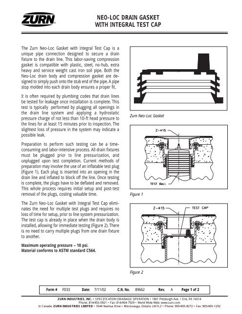 NEO-LOC DRAIN GASKET WITH INTEGRAL TEST CAP - Zurn
