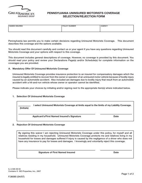 UM Cov Selection or Rejection Form - Great American Insurance ...