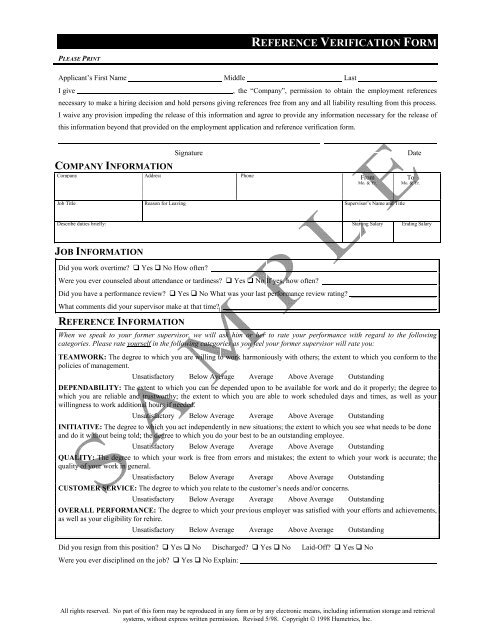 Reference Verification Form Sample - Humetrics
