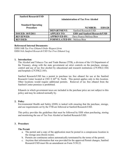 Sanford Research/USD Standard Operating Procedure ...