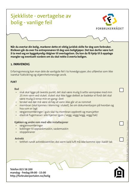 Sjekkliste - overtagelse av bolig - vanlige feil