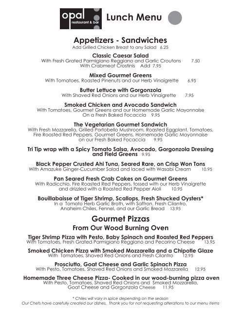 lunch menu pdf - Opal Restaurant and Bar