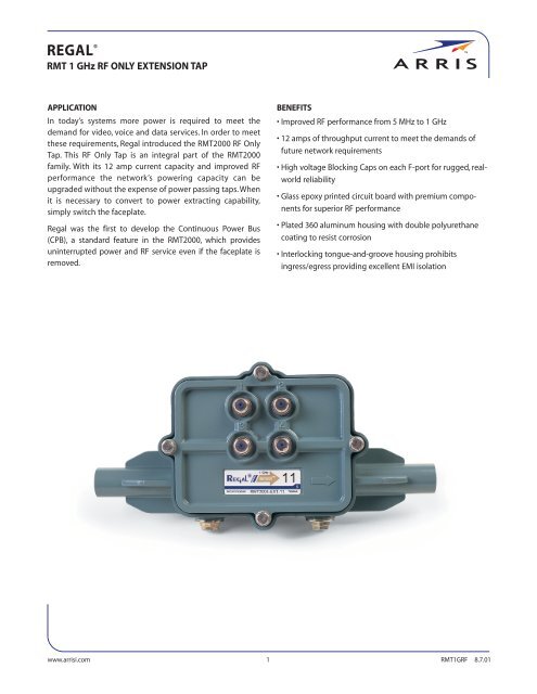 Regal RMT 1GHz RF Only Extension Tap Spec Sheet - Arris