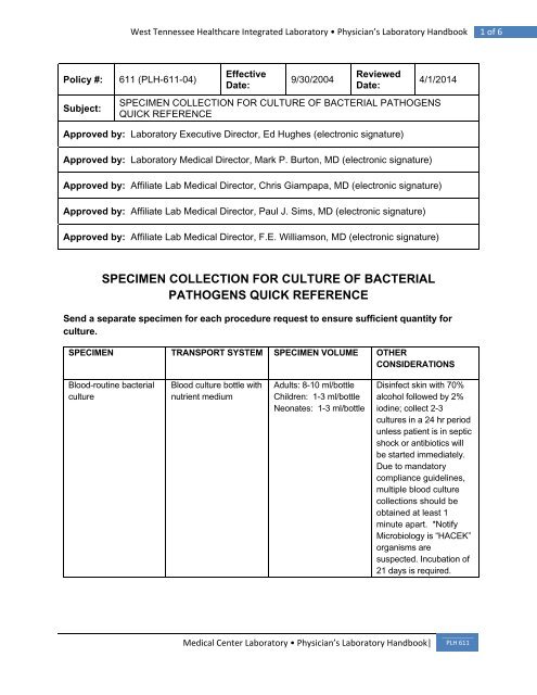(611) Specimen Collection for Culture of Bacterial Pathogens