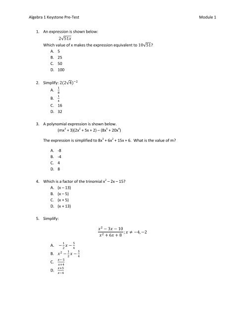 Alg 1 Keystone Module 1 Pre-Test