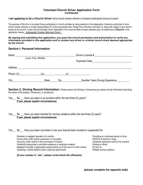 Volunteer/Church Driver Application Form Section I: Personal ...