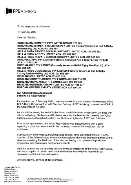 Letter to employees - PPB Advisory