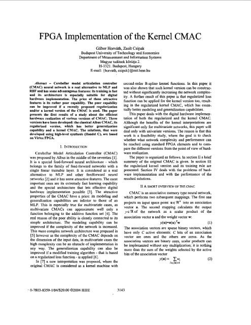 FPGA implementation of the kernel CMAC - Neural Networks, 2004 ...