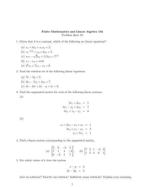 Finite Mathematics and Linear Algebra 102 Problem sheet 10 ... - DCU