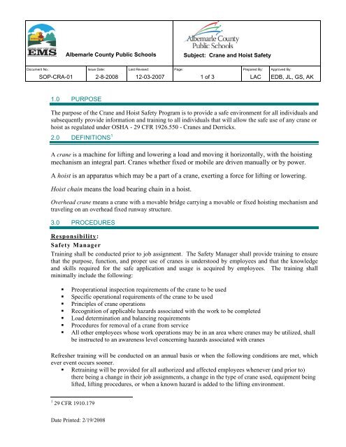 Crane Safety SOP - Albemarle County Public Schools