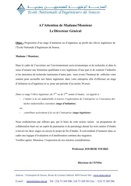 A l'Attention de Madame/Monsieur Le Directeur - Ecole Nationale d ... A l'Attention de Madame/Monsieur Le Directeur - Ecole Nationale d ...