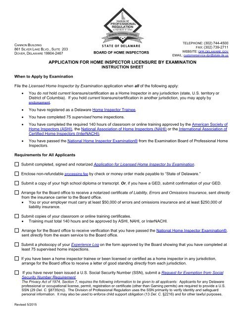 application for home inspector licensure by examination - Division of ...