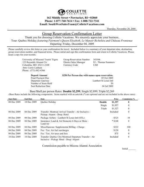 Group Reservation Confirmation Letter - Mizzou Alumni Association