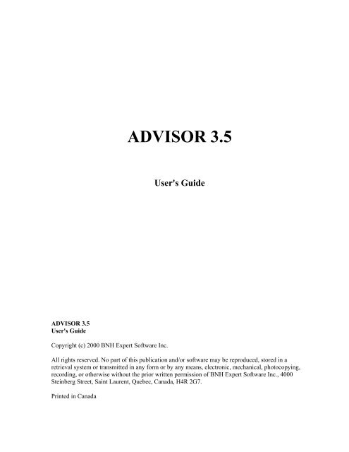ADVISOR 3.5 User Guide - BNH Expert Software Inc.