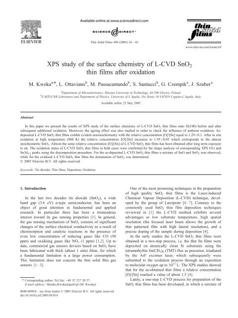 XPS study of the surface chemistry of L-CVD SnO2 thin films after ...