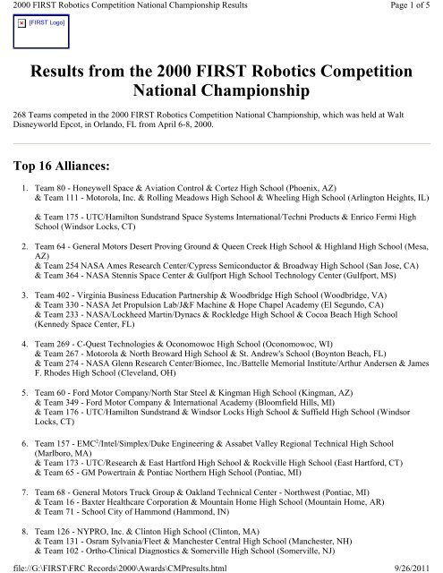 2000 Awards-Original FIRST listings - Robotic Eagles