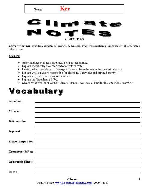 Climate Notes Key - Learn Earth Science