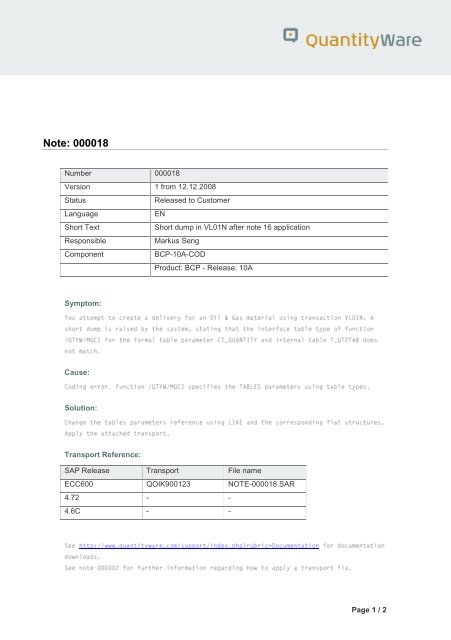 Short dump in VL01N after note 16 application - QuantityWare