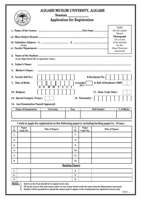 Registration Form for Continuation to Higher Class
