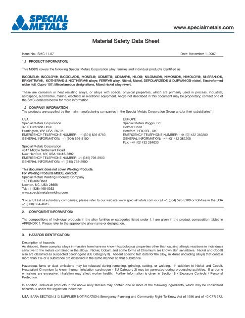 Material Safety Data Sheet - Special Metals Corporation