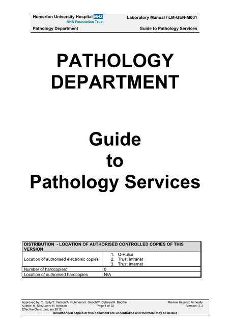 PATHOLOGY DEPARTMENT Guide to Pathology Services