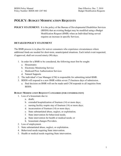 POLICY: BUDGET MODIFICATION REQUESTS