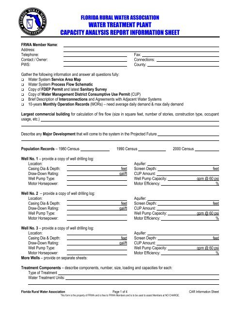 water treatment plant capacity analysis report information sheet