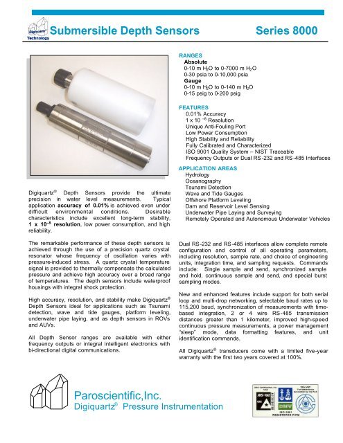 Paroscientific,Inc. Submersible Depth Sensors Series 8000