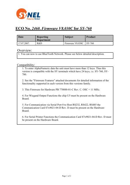 ECO No. 2460. Firmware V8.030C for SY-760 - Synel