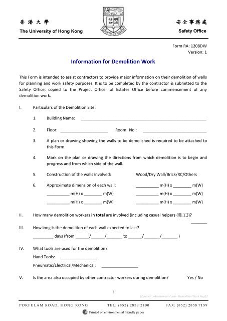 Risk Assessment Form - Demolition Work - Safety.hku.hk - The ...