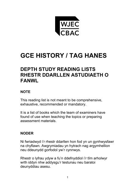 GCE History Depth Study Reading Lists - WJEC