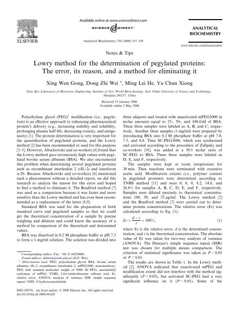 Lowry method for the determination of pegylated proteins: The error ...