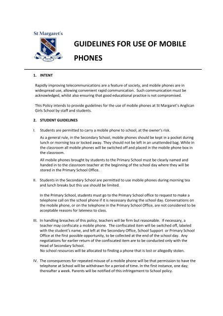 Guidelines for Use of Mobile Phones - St Margaret's Anglican Girls ...
