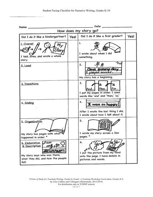 Student Facing Checklist for Narrative Writing, Grades K-10