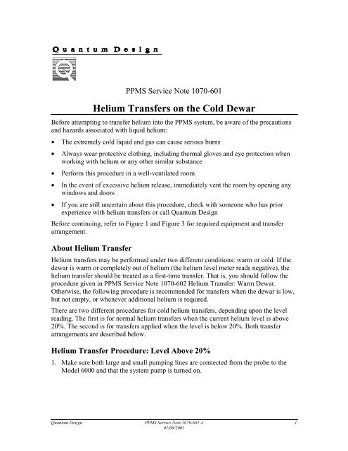 Helium Transfers on the Cold Dewar - Quantum Design, Inc.