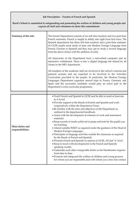job description and person specification v1 Jan 09 - Reed's School