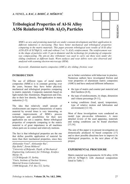 Tribological Properties of Al-Si Alloy A356 Reinforced With Al2O3 ...