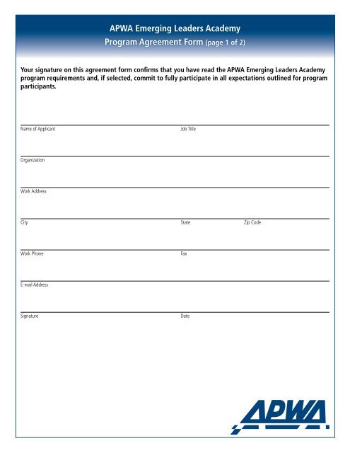 APWA Emerging Leaders Academy Program Agreement Form ...