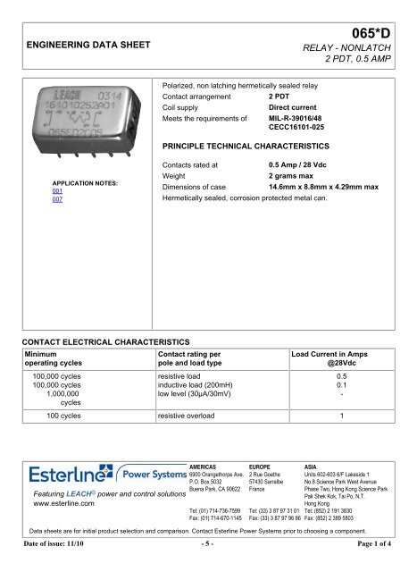 engineering data sheet relay - nonlatch 2 pdt, 0.5 amp - Leach ...