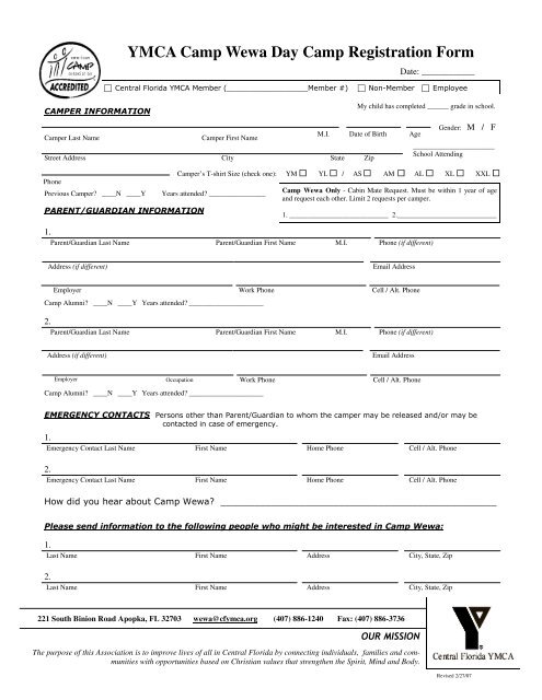 Day Camp Registration Form - YMCA Camp Wewa