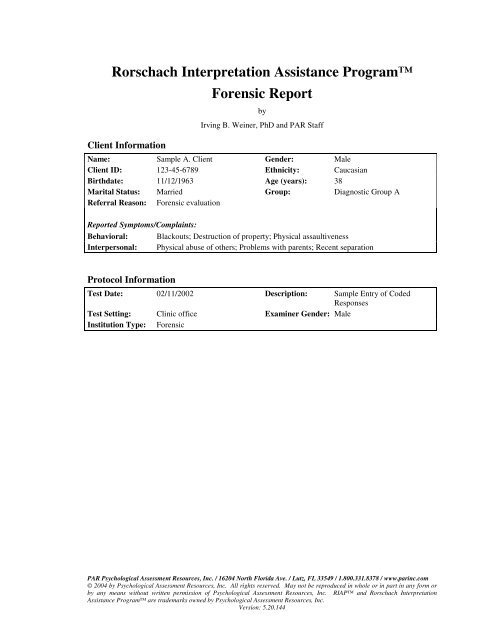 Rorschach Interpretation Assistance Programâ ¢ Forensic Report